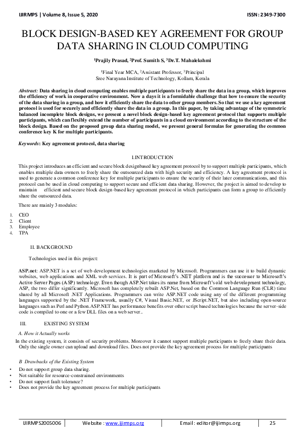 Pdf Block Design Based Key Agreement For Group Data Sharing In Cloud