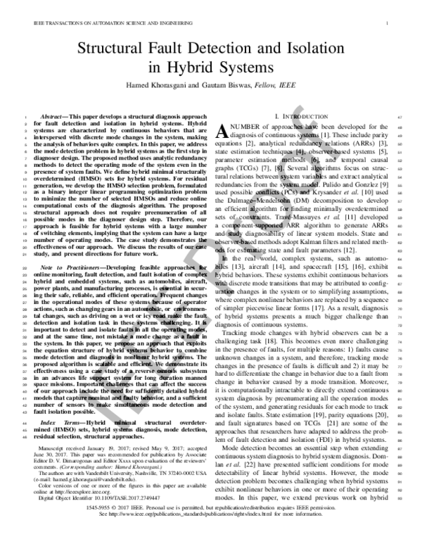 Pdf Structural Fault Detection And Isolation In Hybrid Systems