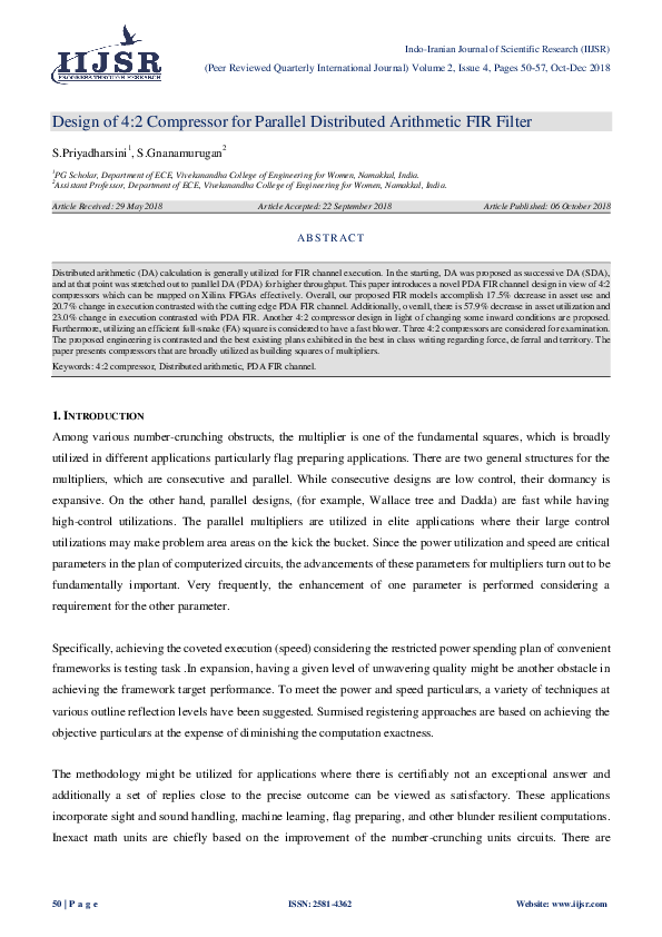 (PDF) Design of 4:2 Compressor for Parallel Distributed Arithmetic FIR ...