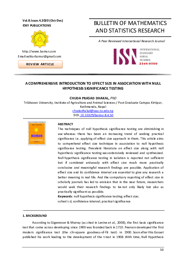 Pdf A Comprehensive Introduction To Effect Size In Association With Null Hypothesis