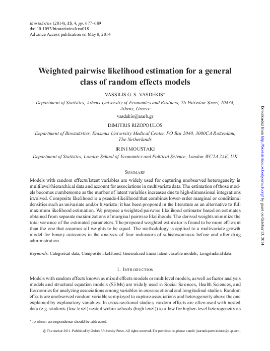 Pdf Weighted Pairwise Likelihood Estimation For A General Class Of Random Effects Models 5518