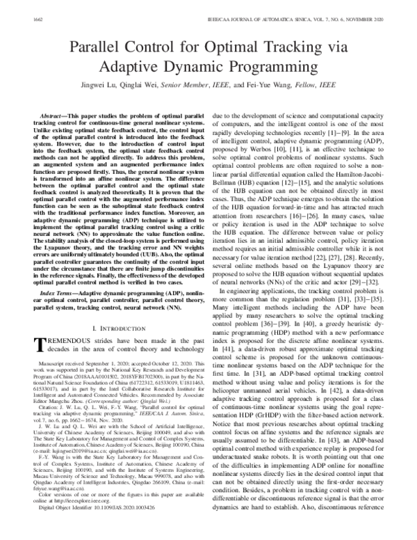 (PDF) Parallel Control for Optimal Tracking via Adaptive Dynamic Programming