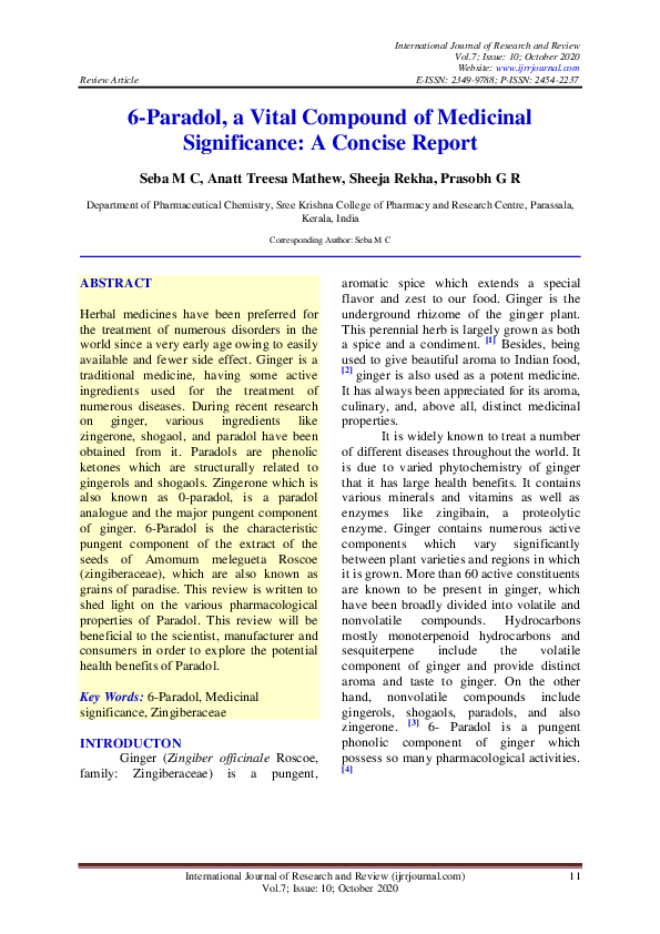 (PDF) 6-Paradol, a Vital Compound of Medicinal Significance: A Concise ...