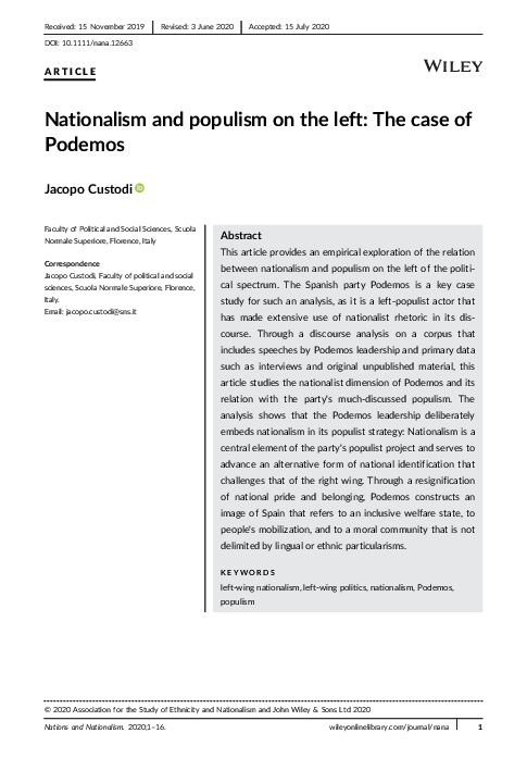 (PDF) Nationalism and Populism on the Left: The Case of Podemos