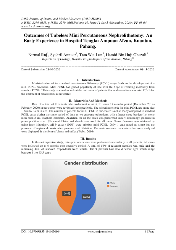 (PDF) Outcomes of Tubeless Mini Percutaneous Nephrolithotomy: An Early ...