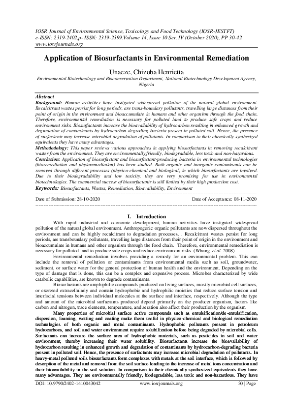 (PDF) Application of Biosurfactants in Environmental Remediation