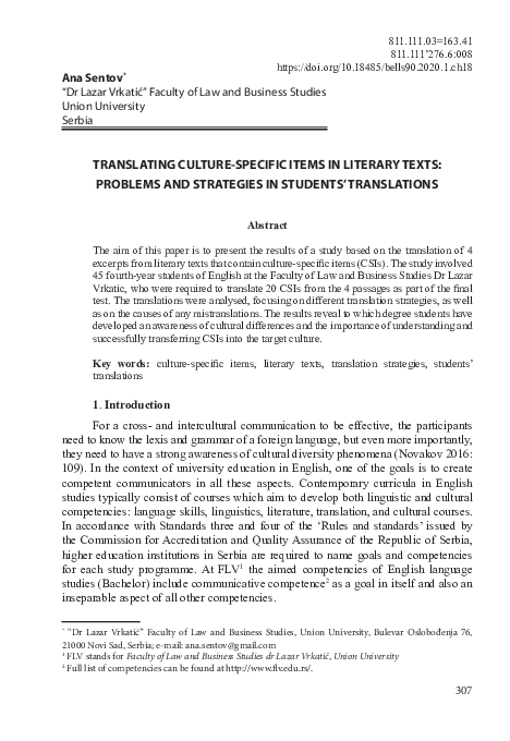 (PDF) TRANSLATING CULTURE-SPECIFIC ITEMS IN LITERARY TEXTS: PROBLEMS ...