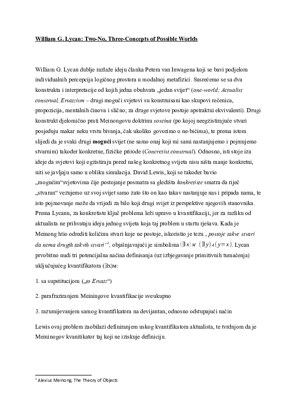 (DOC) William G. Lycan: Two-No, Three-Concepts of Possible Worlds
