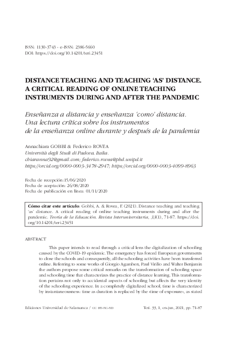 (PDF) Distance teaching and teaching ‘as’ distance. A critical reading ...