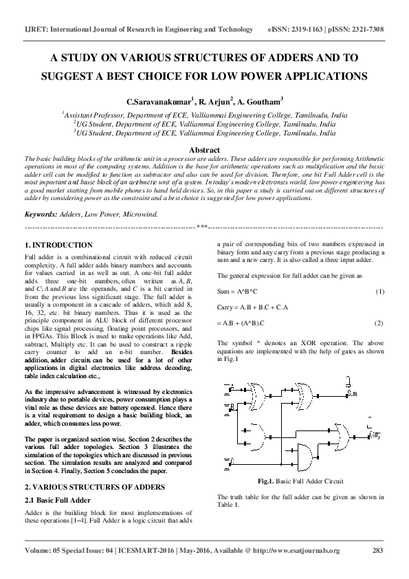 (PDF) A STUDY ON VARIOUS STRUCTURES OF ADDERS AND TO SUGGEST A BEST ...