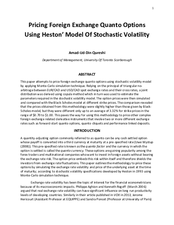 (PDF) Pricing Foreign Exchange Quanto Options Using Heston' Model Of Stochastic Volatility