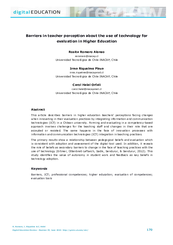 (PDF) Barriers in teacher perception about the use of technology for evaluation in Higher ...
