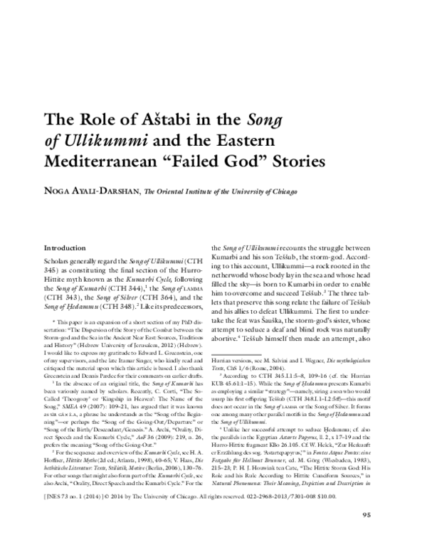 (PDF) The Role of Aštabi in the Song of Ullikummi and the Eastern ...