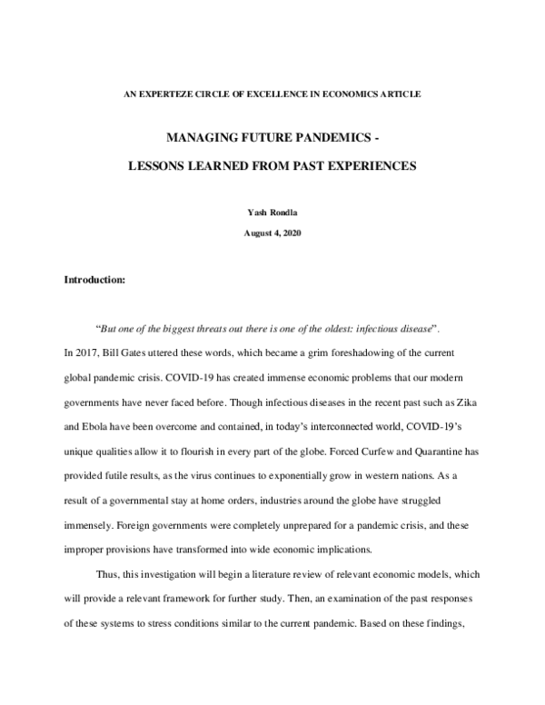 (PDF) Managing Future Pandemics - Lessons Learned From Past Experiences