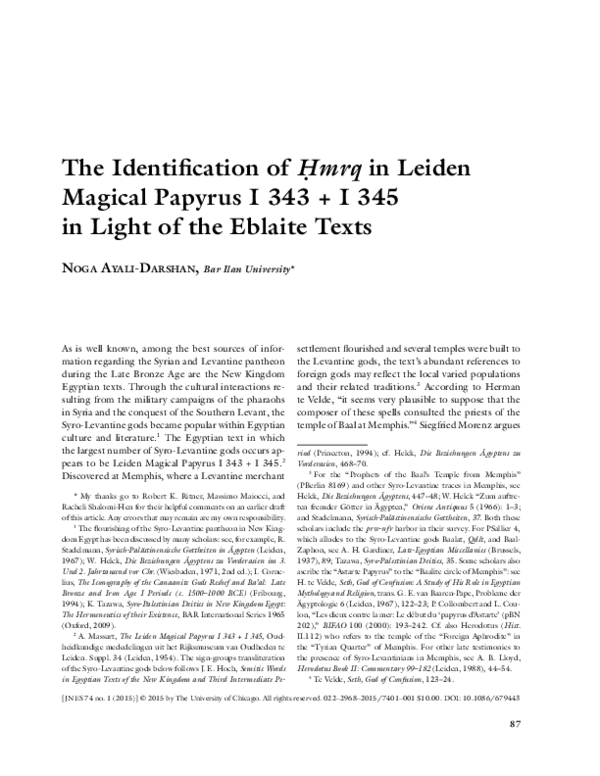 (PDF) The Identification of Ḥmrq in Leiden Magical Papyrus I 343 + I ...