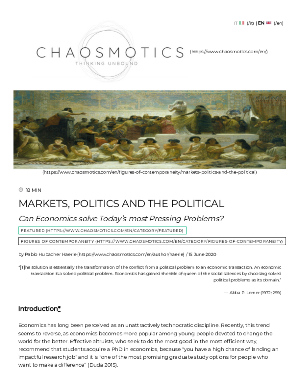 (PDF) Markets, Politics and the Political - Can Economics solve Today’s ...