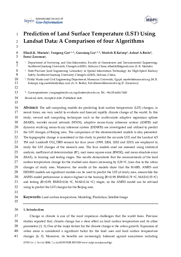 (PDF) Prediction of Land Surface Temperature (LST) Using Landsat Data: A Comparison of four ...