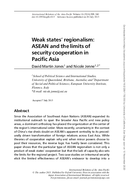 (PDF) Weak states' regionalism: ASEAN and the limits of security ...