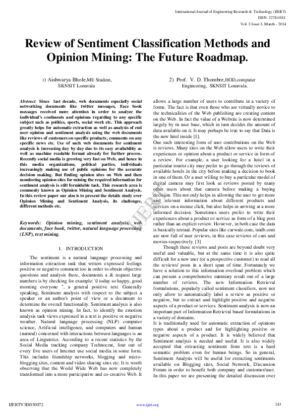 (PDF) IJERT-Review of Sentiment Classification Methods and Opinion Mining: The Future Roadmap