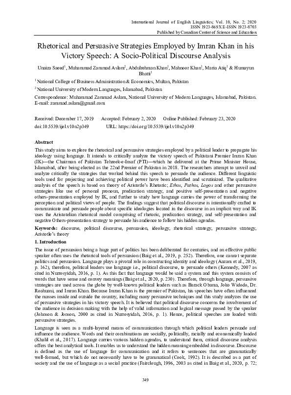 (PDF) Rhetorical and Persuasive Strategies Employed by Imran Khan in ...