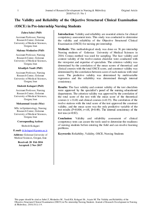 (PDF) The Validity and Reliability of the Objective Structured Clinical Examination (OSCE) in ...