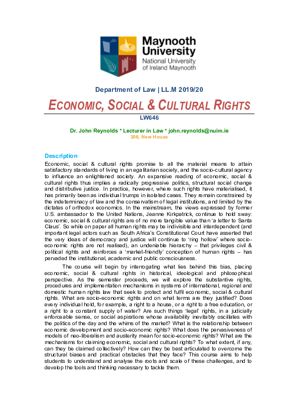 (PDF) Economic, Social & Cultural Rights [2020] Syllabus