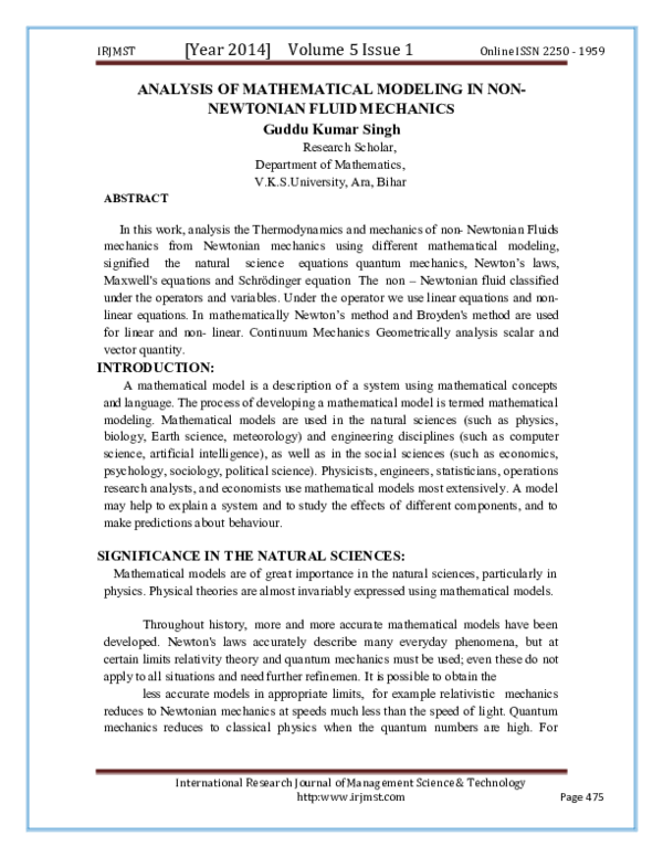 (PDF) ANALYSIS OF MATHEMATICAL MODELING IN NON- NEWTONIAN FLUID MECHANICS