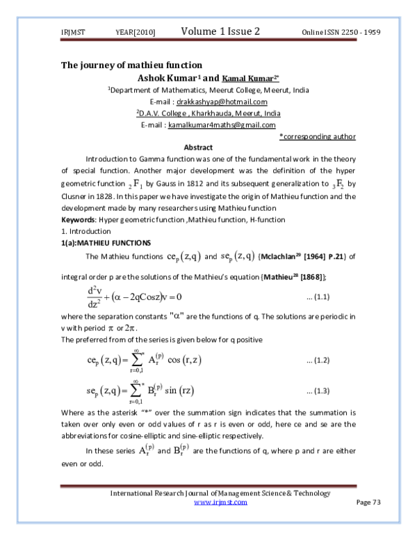 (PDF) The journey of mathieu function