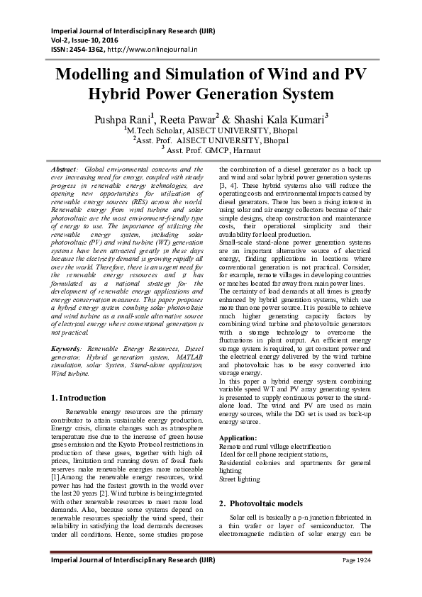 Pdf Modelling And Simulation Of Wind And Pv Hybrid Power Generation System