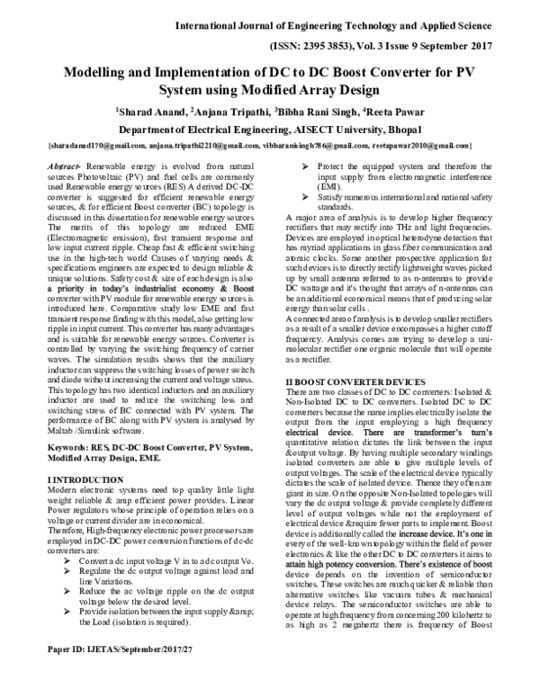 Pdf Modelling And Implementation Of Dc To Dc Boost Converter For Pv
