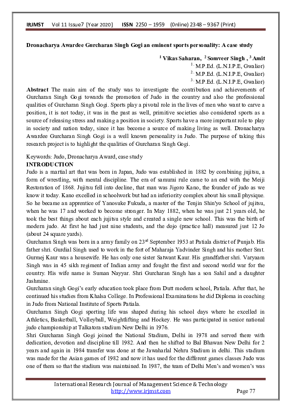 (PDF) Dronacharya Awardee Gurcharan Singh Gogi an eminent sports personality: A case study