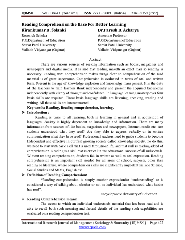 (PDF) Reading Comprehension the Base For Better Learning