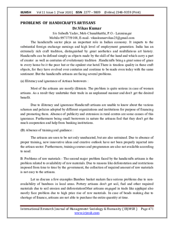 (PDF) PROBLEMS OF HANDICRAFTS ARTISANS