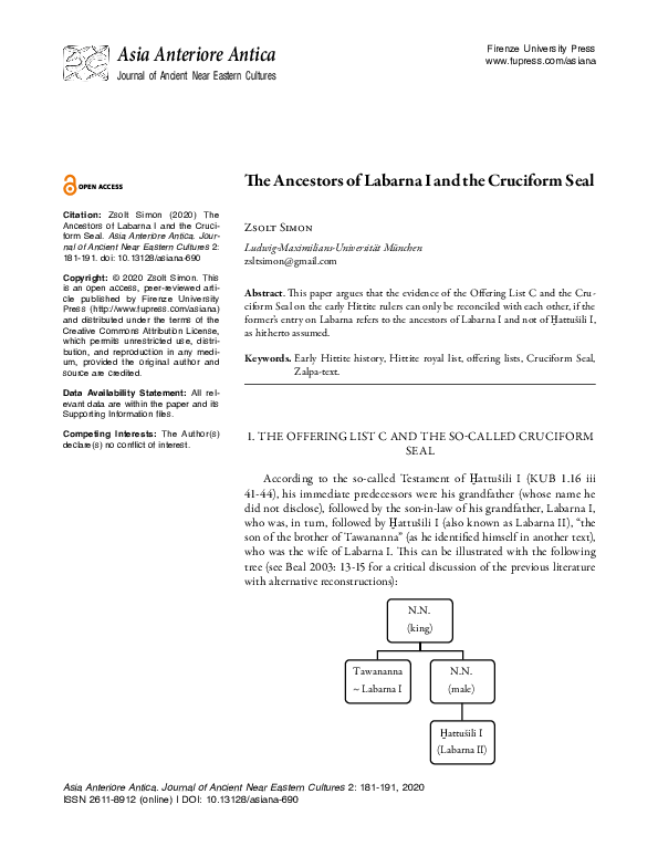 (PDF) The Ancestors of Labarna I and the Cruciform Seal