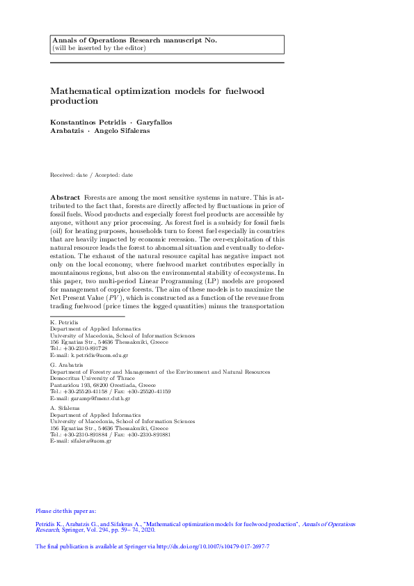 (PDF) Mathematical optimization models for fuelwood production