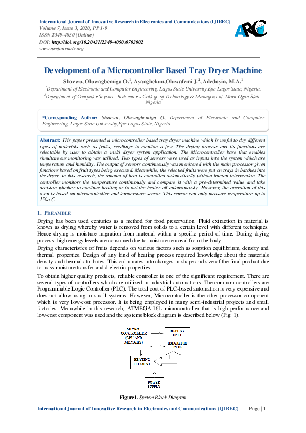 (PDF) Development of a Microcontroller Based Tray Dryer Machine