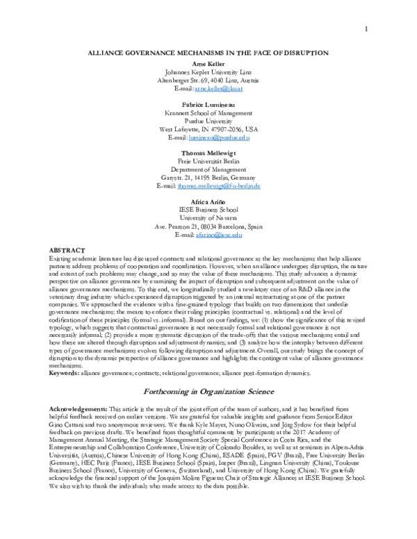 (PDF) Alliance Governance Mechanisms in the Face of Disruption