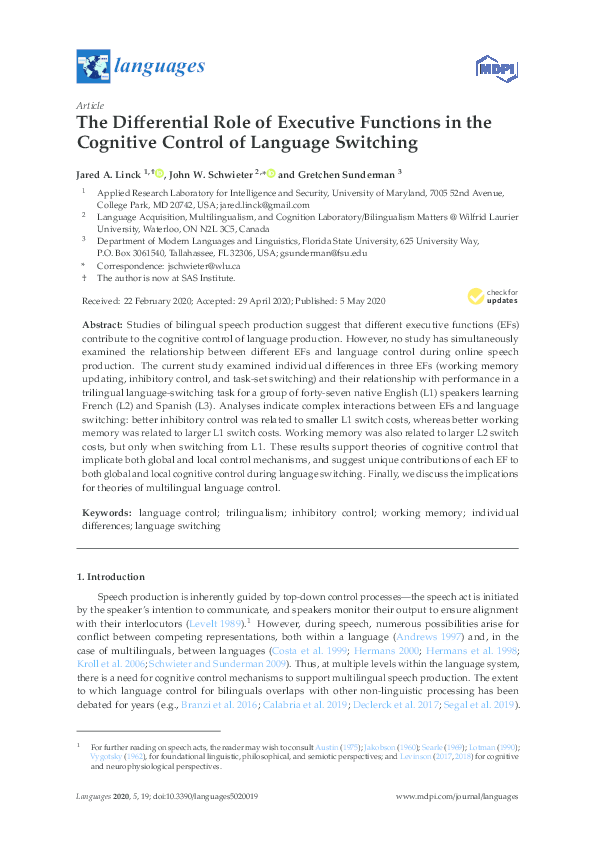 (PDF) The Differential Role of Executive Functions in the Cognitive Control of Language Switching