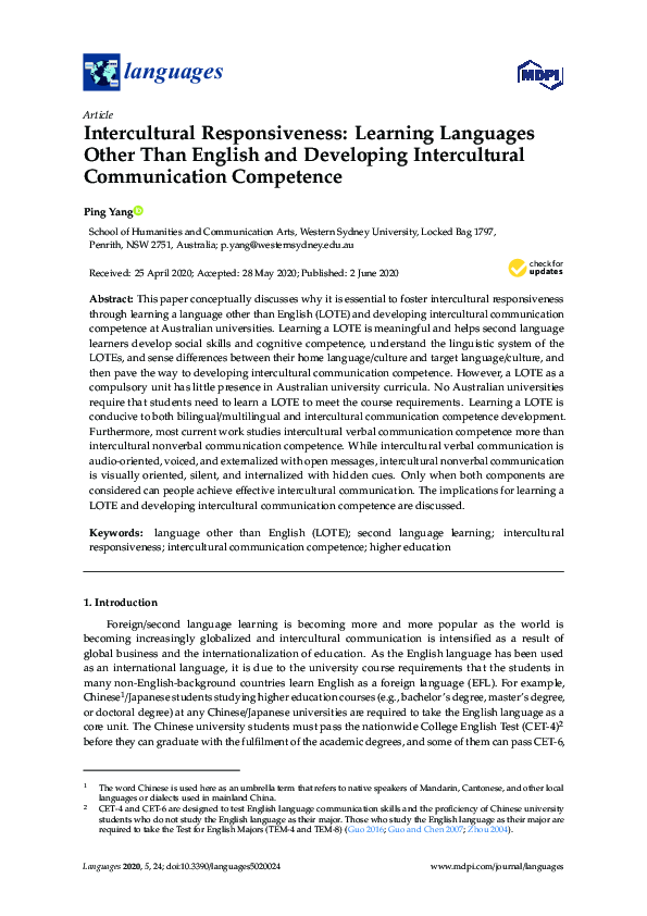 (PDF) Intercultural Responsiveness: Learning Languages Other Than ...