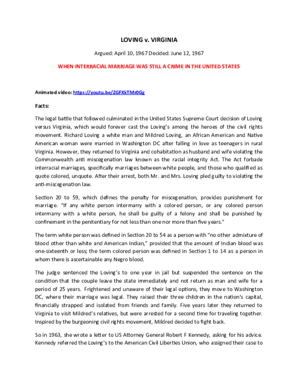 LOVING v. VIRGINIA WHEN INTERRACIAL MARRIAGE WAS STILL A CRIME IN THE ...