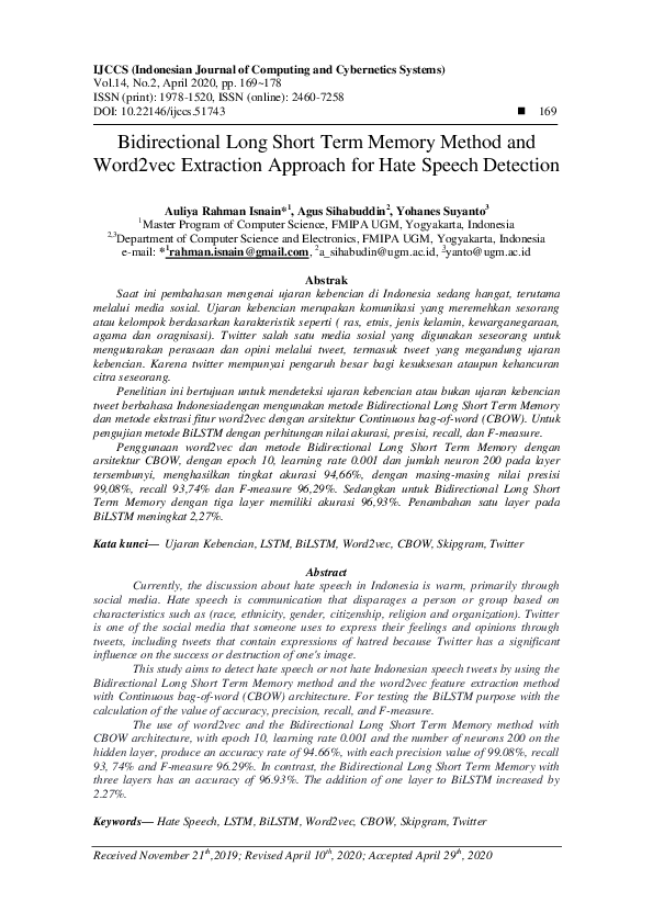 Pdf Bidirectional Long Short Term Memory Method And Word2vec Extraction Approach For Hate