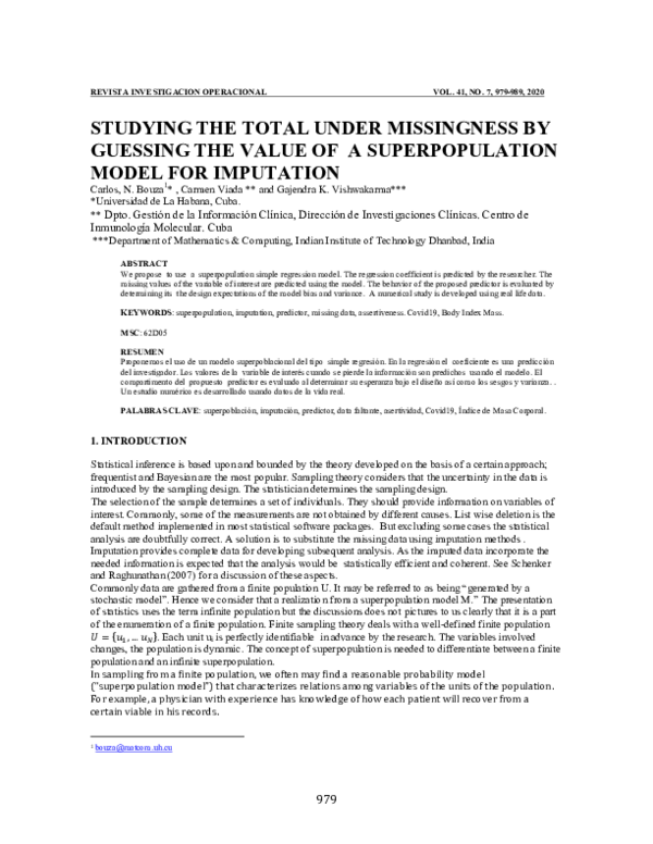 (PDF) STUDYING THE TOTAL UNDER MISSINGNESS BY GUESSING THE VALUE OF A SUPERPOPULATION MODEL FOR ...