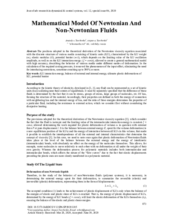 (PDF) Mathematical Model Of Newtonian And Non-Newtonian Fluids