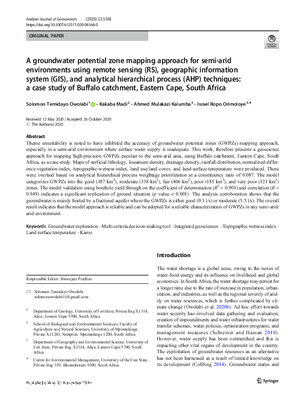 Pdf A Groundwater Potential Zone Mapping Approach For Semi Arid Environments Using Remote