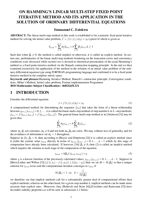(PDF) ON HAMMING'S LINEAR MULTI-STEP FIXED POINT ITERATIVE METHOD AND ITS APPLICATION IN THE ...