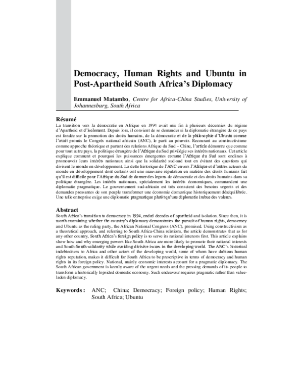 (PDF) Democracy, Human Rights and Ubuntu in Post-Apartheid South Africa ...