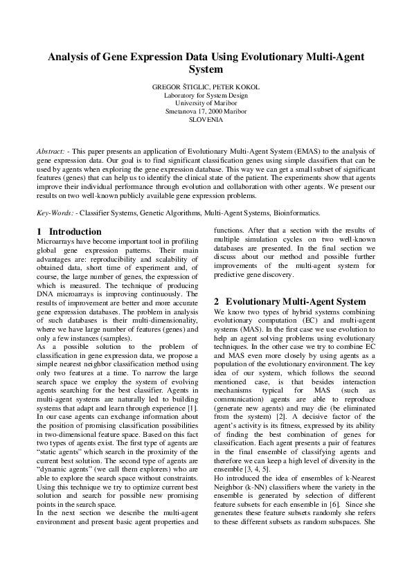 (PDF) Analysis of gene expresion data using evolutionary multi-agent system