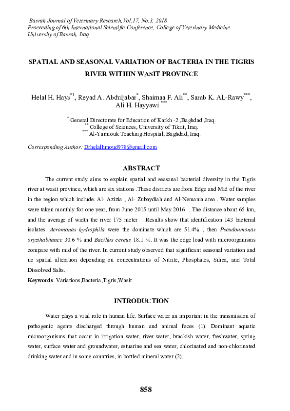 (PDF) SPATIAL AND SEASONAL VARIATION OF BACTERIA IN THE TIGRIS RIVER WITHIN WASIT PROVINCE