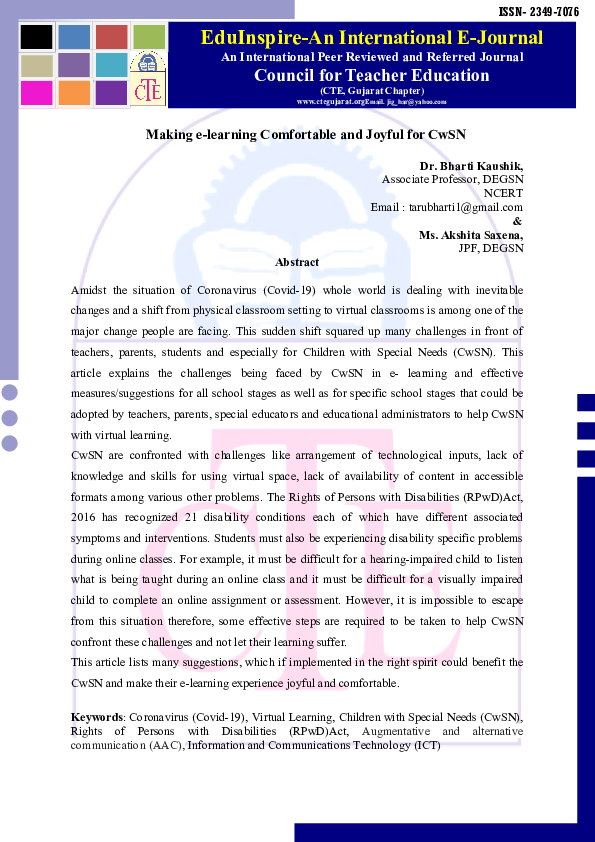 (PDF) Making e-learning comfortable and joyful for CWSN