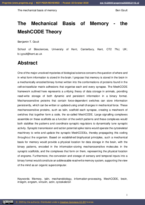 (PDF) The Mechanical Basis of Memory - the MeshCODE Theory (PDF) The Mechanical Basis of Memory - the MeshCODE Theory